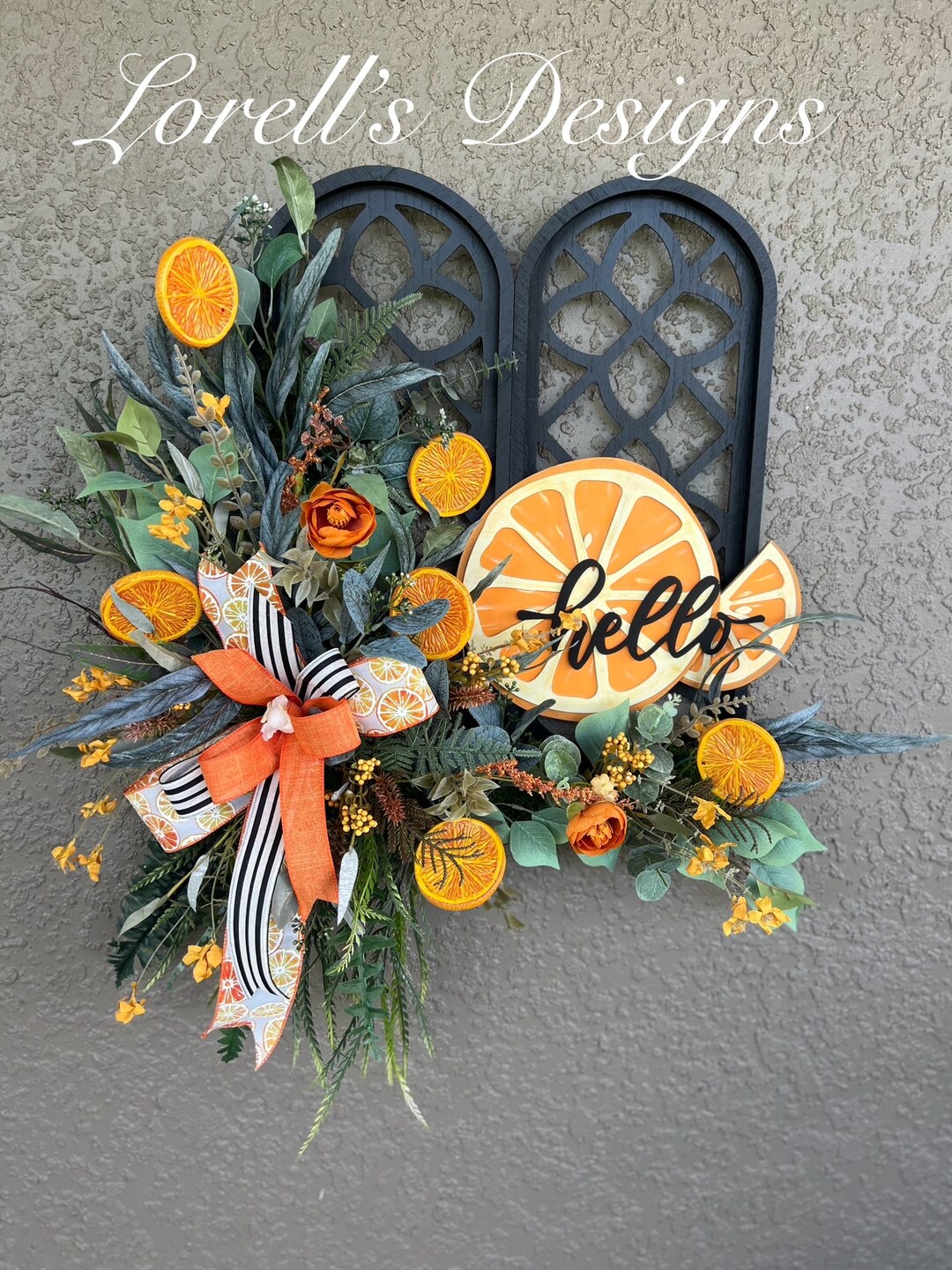 Oranges Wreath Trellis With Orange Wood Hello Sign Wall Hanging Citrus ...