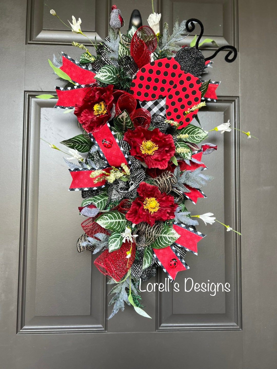 Ladybug Wreath Swag Ladybug Door Decor Red Poppies and Ladybugs Wreath ...