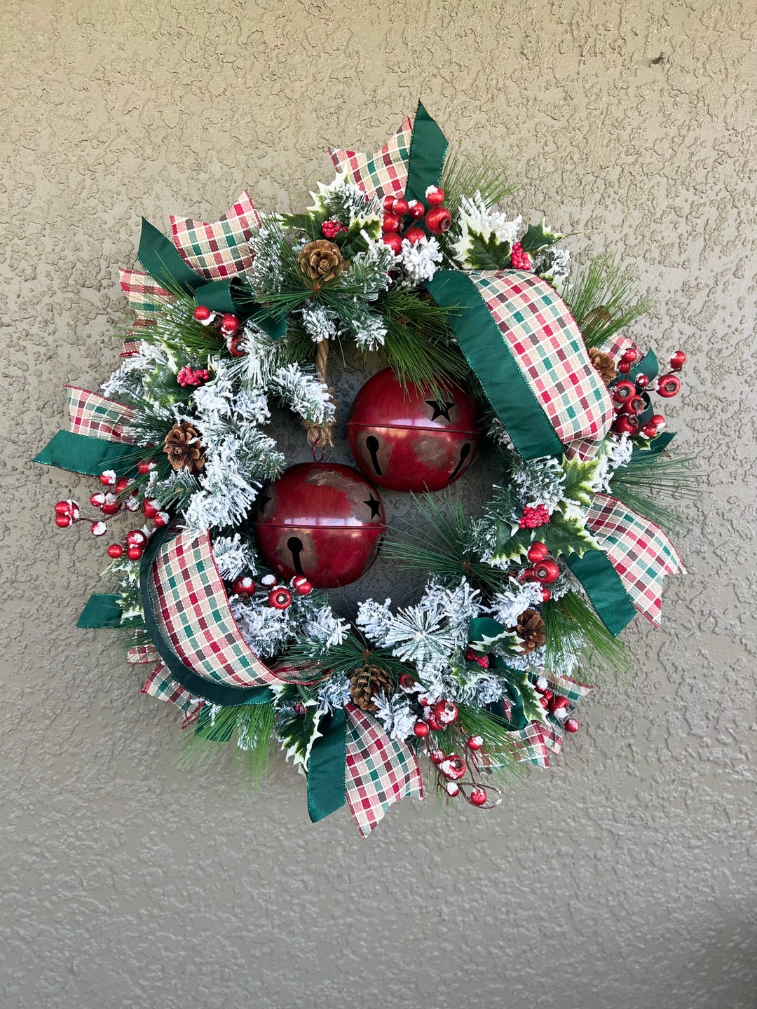Jingle Bells Christmas Wreath, Rustic Elegant Wreath, Bells Wreath, Red ...