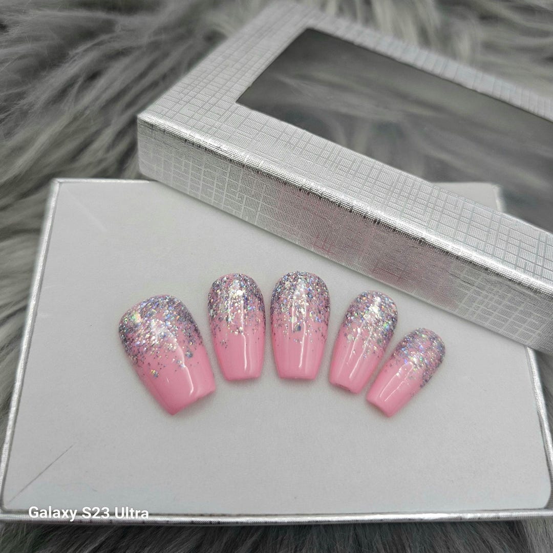 Pink Press-on Nails, Bubblegum Pink Press Ons With Fading Rainbow ...
