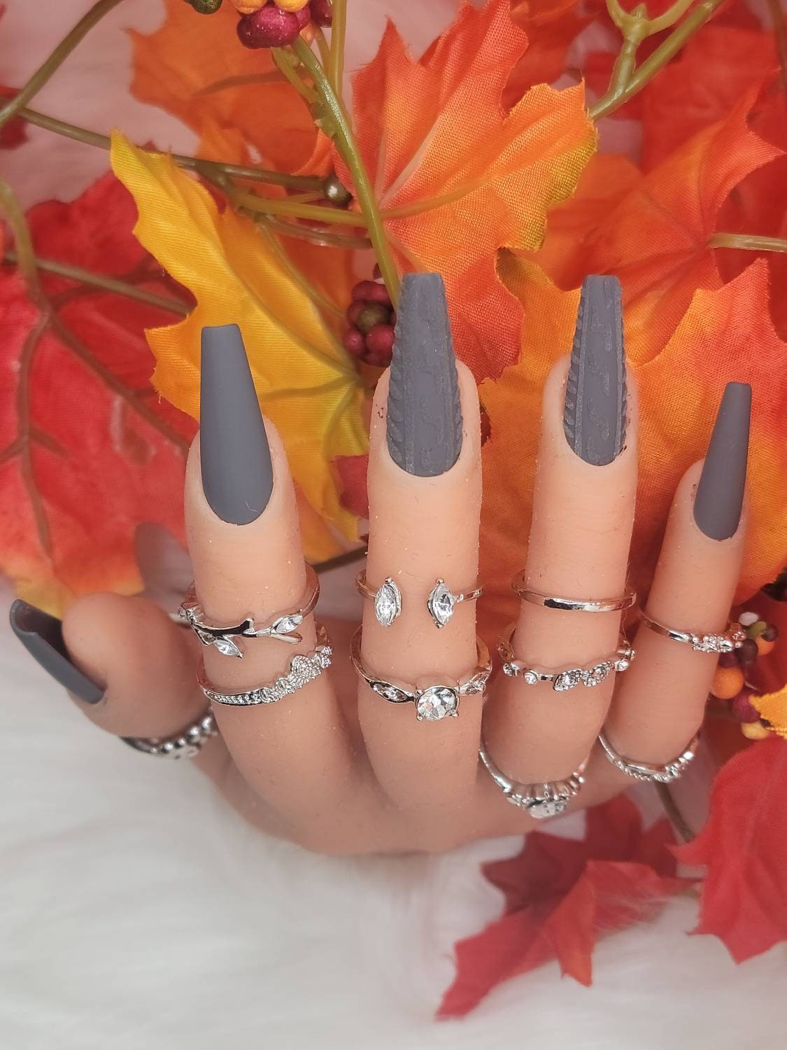 Press on nails gray nails sweater nails matte gray nails long nails coffin nails handpainted nails gel nails custom nails reusable Etsy