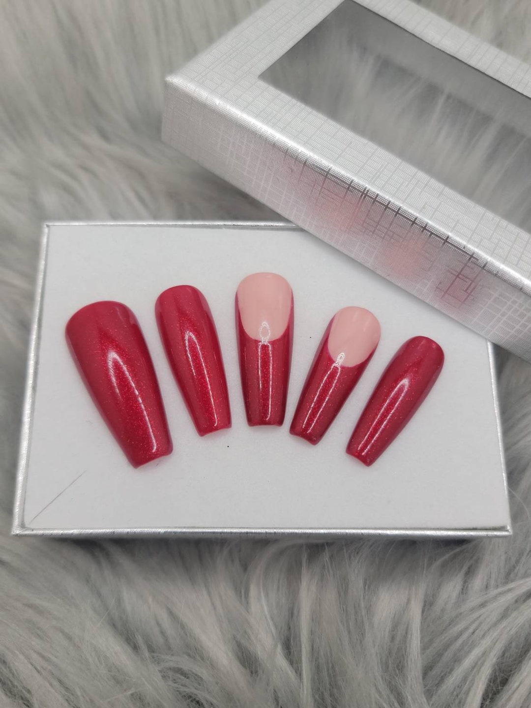 Red Press-on Nails, Shimmery Red, French Tip Accent Nails, Long Coffin ...