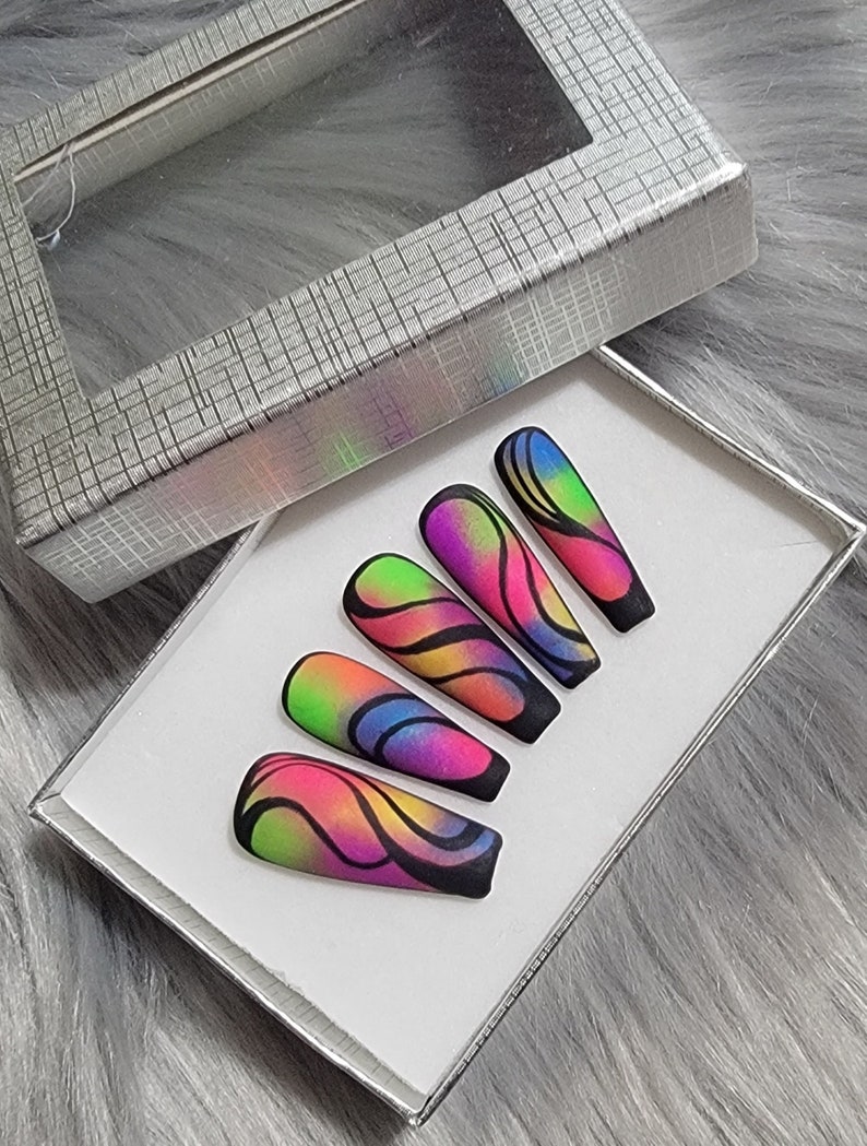 Neon Press-on Nails, Matte Rainbow Press-ons, Glue-on, Handpainted Nail ...