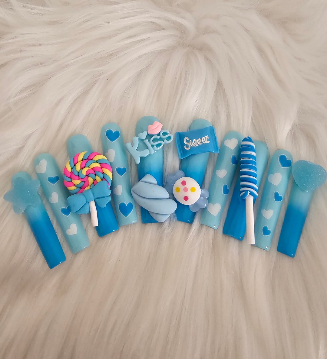 Ready to Ship Candy Press on Nails, Kawai Nails, Candy Nails, Blue ...