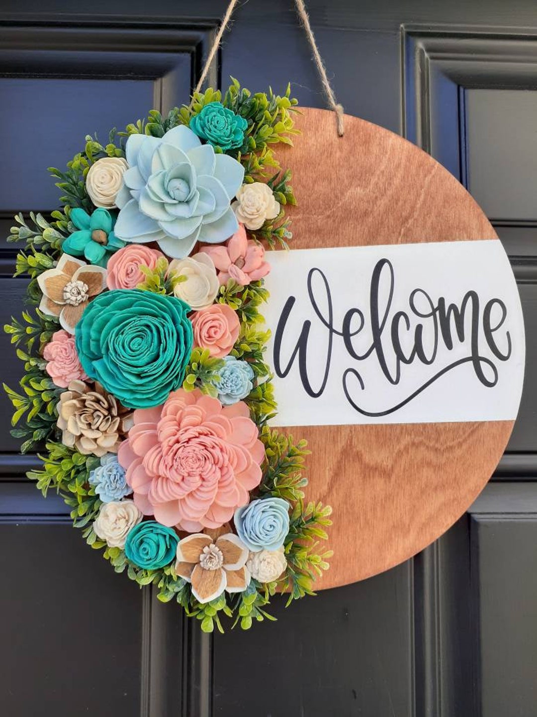 Personalized Wood Flower Door Sign With Name Handcrafted Welcome Sign ...
