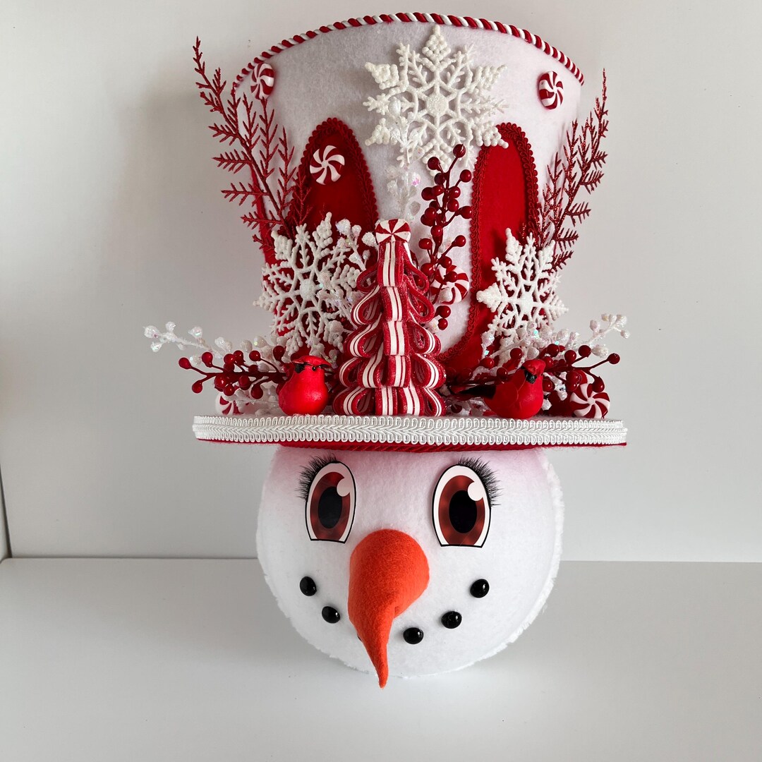 Ribbon Candy Tree Top Hat Snowman Wreath Attachment, Red and White ...