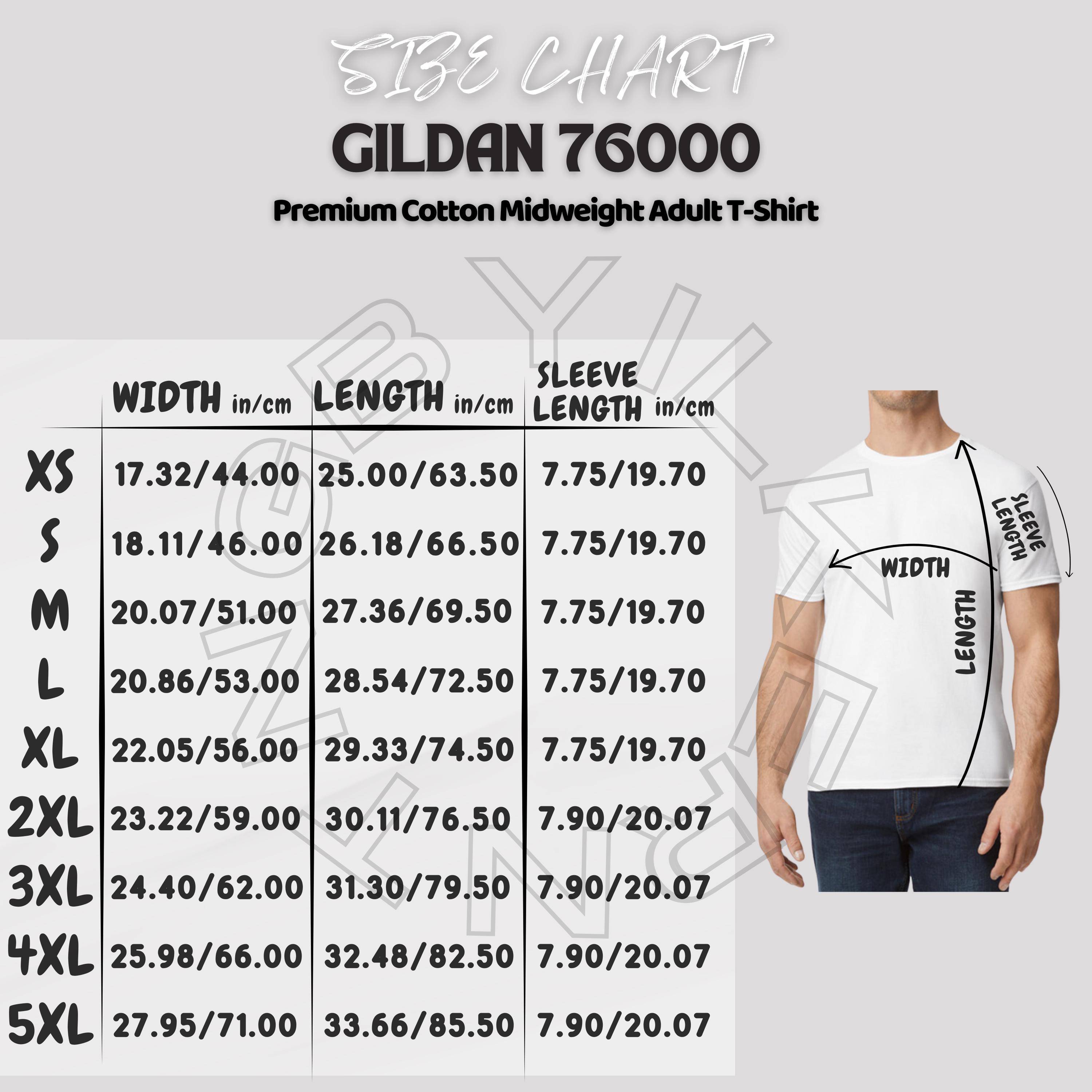 Gildan 76000 Size Chart | Premium Cotton Midweight Adult T-shirt Size Chart | Gildan 76000 ...