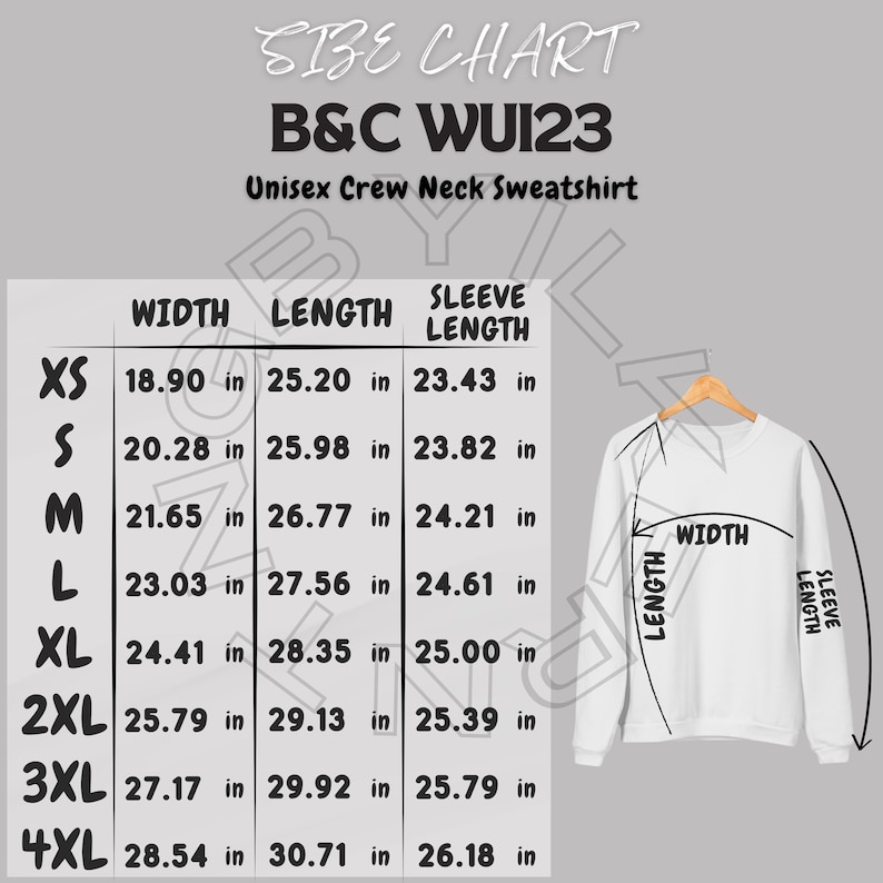 B&C WUI23 Size Chart | Unisex Crew Neck Sweatshirt Mockup and Size ...