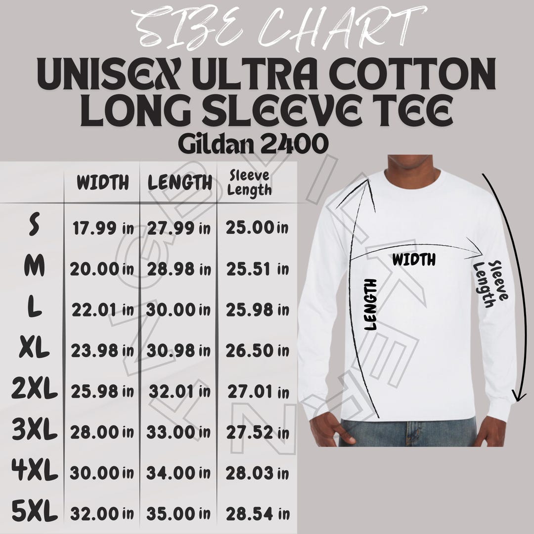 Long Sleeve Tee Size Chart I Gildan 2400 Size Chart | Size Chart | Tee ...
