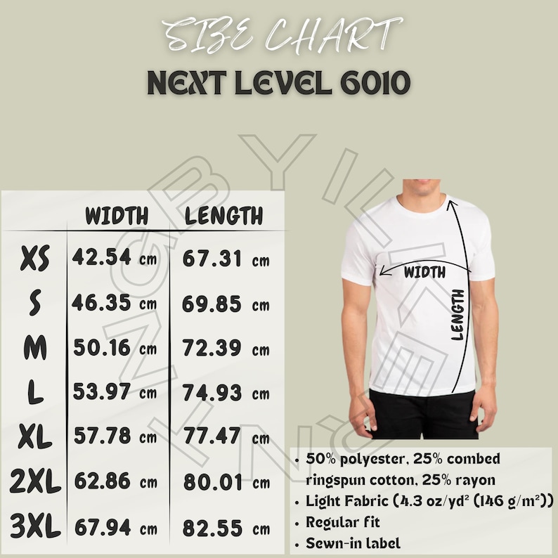 Next Level 6010 Size Chart | Size Chart for Unisex Tri-blend Crew Tee | Next Level 6010 Mockup ...