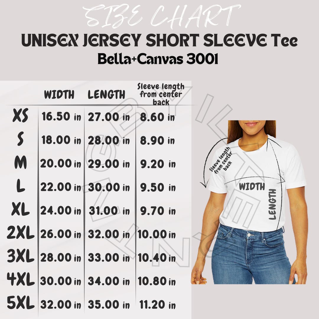 Tabela de tamanhos Bella Canvas 3001 | Modelo e tabela de tamanhos ...