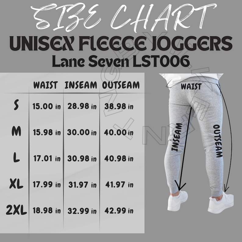 Unisex Fleece Joggers Size Chart | Size Chart for Unisex Fleece Joggers ...