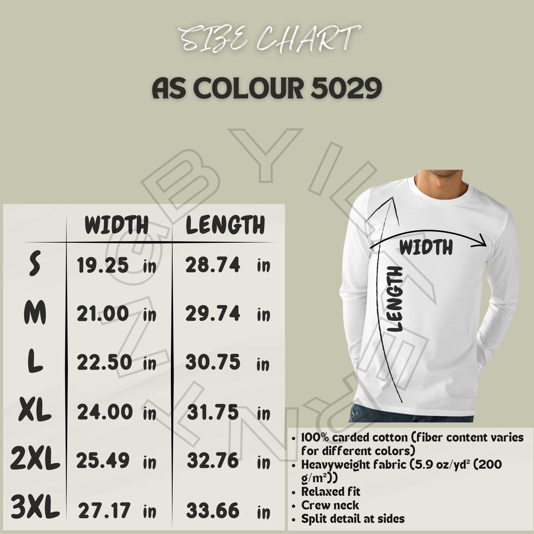 T-shirt Size Chart I AS Colour 5029 Size Chart I Size Chart I Men's ...