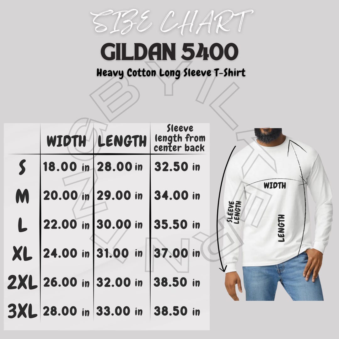 Gildan 5400 Size Chart | Heavy Cotton Long Sleeve T-shirt Size Chart | Gildan 5400 Mockup and ...