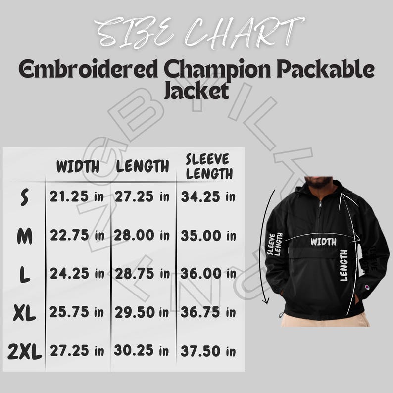Jacket Size Chart | Size Chart for Embroidered Champion Packable Jacket ...