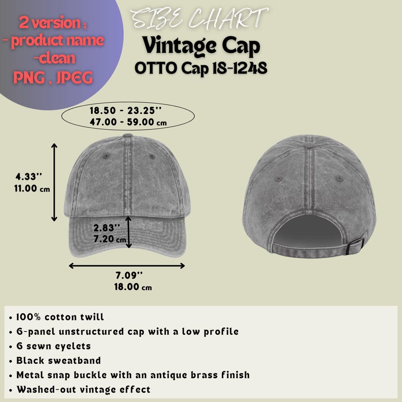 Vintage Cap Size Chart OTTO Cap 18-1248 Size Chart , Vintage Cap Mockup ...