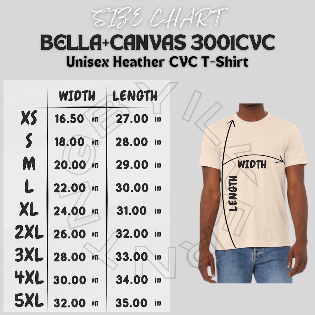 Bella Canvas 3001CVC Size Chart | Unisex Heather CVC T-shirt Size Chart ...