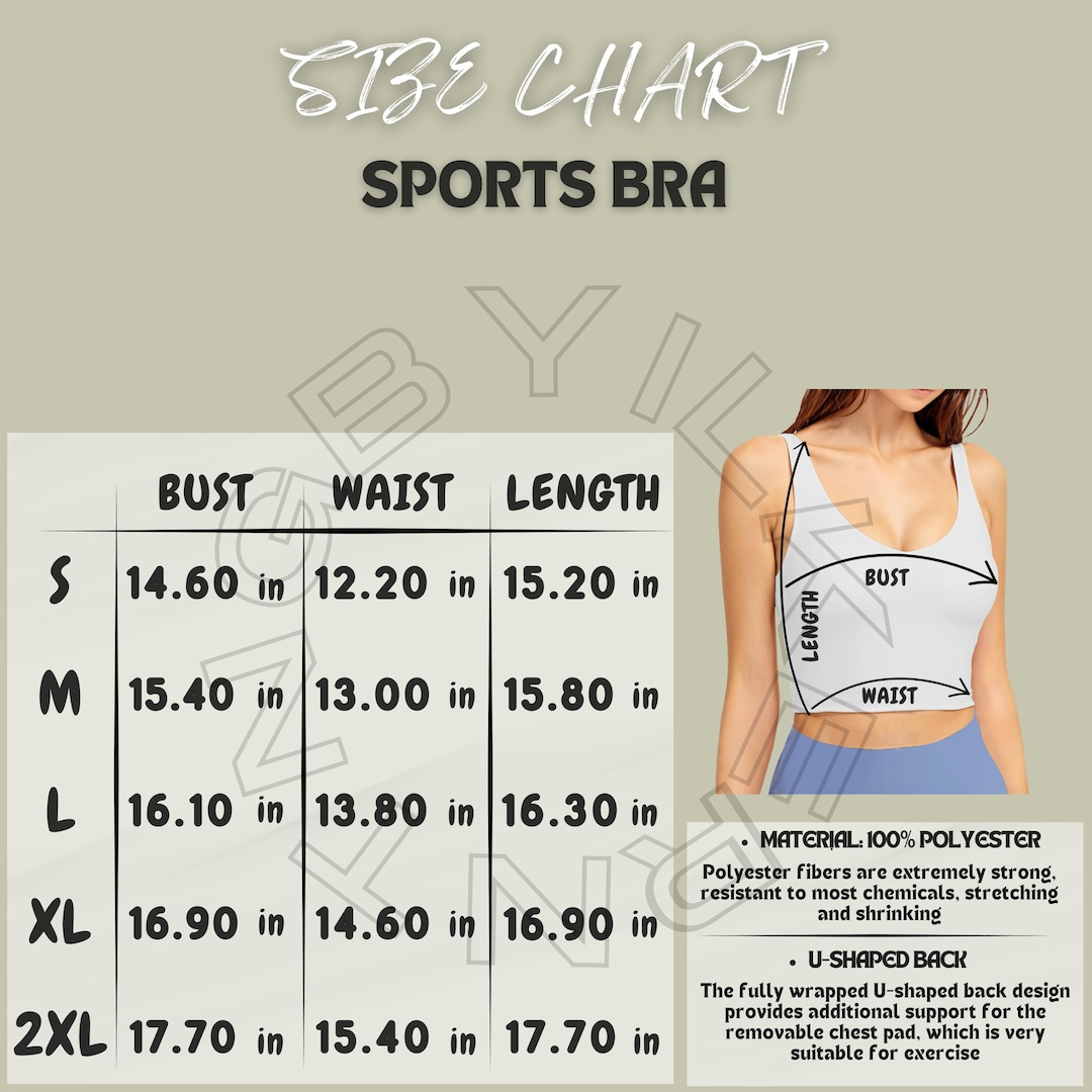 Sports Bra Size Chart I Polyester Sports Bra Mockup and Size Chart I ...