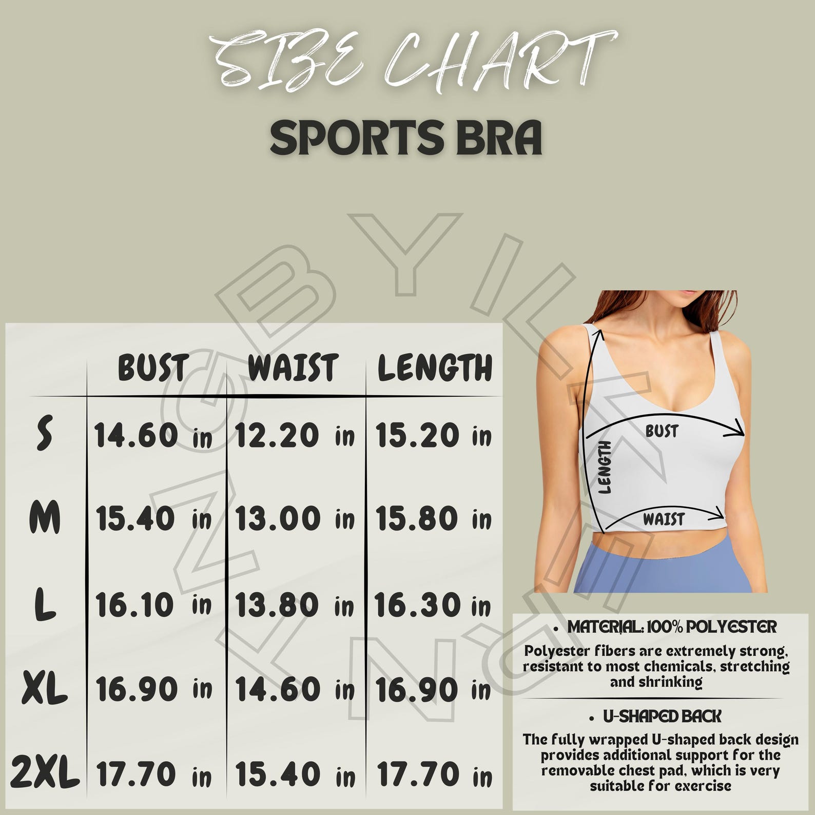 Sports Bra Size Chart I Polyester Sports Bra Mockup and Size Chart I ...