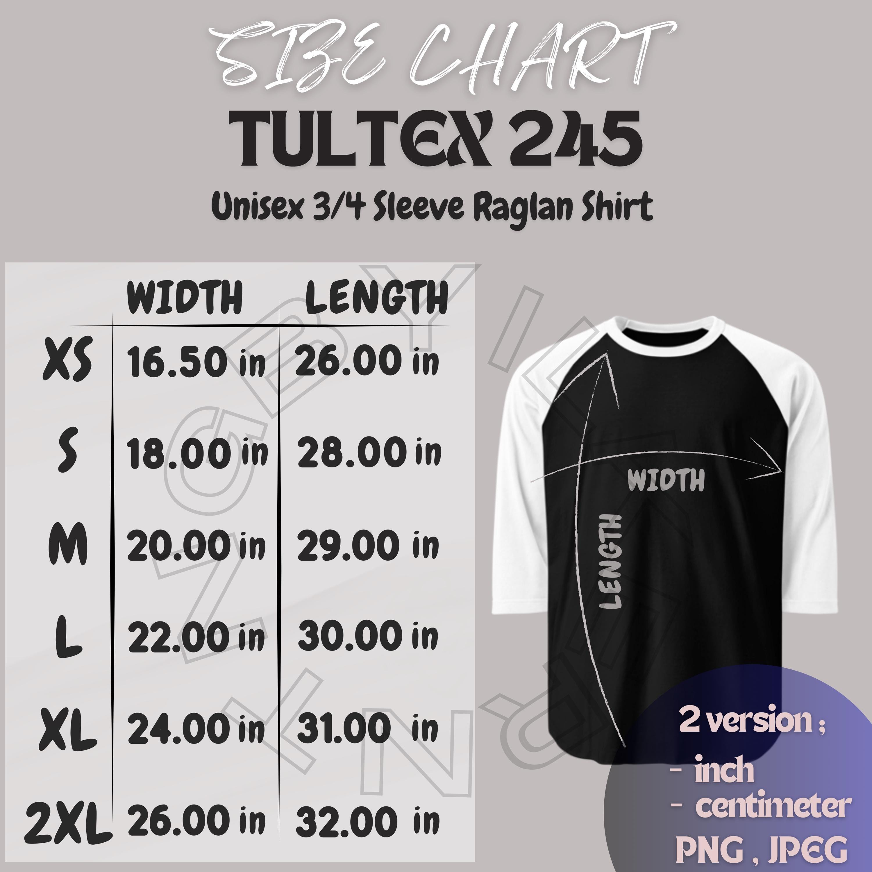 Shirt Size Chart | Unisex 3/4 Sleeve Raglan Shirt Size Chart | Tultex ...