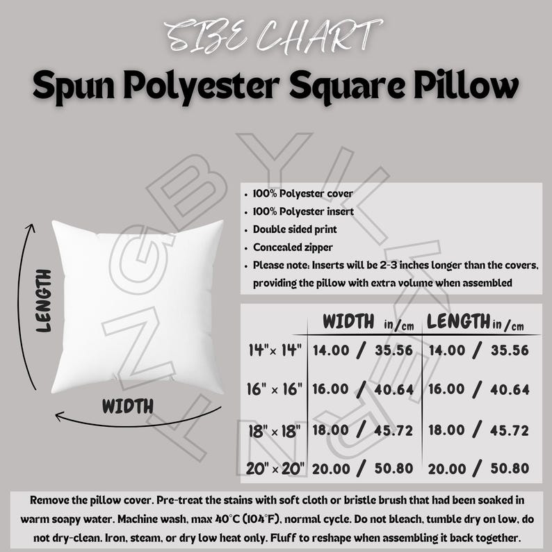 Pillow Size Chart I Spun Polyester Square Pillow Mockup and Size Chart ...