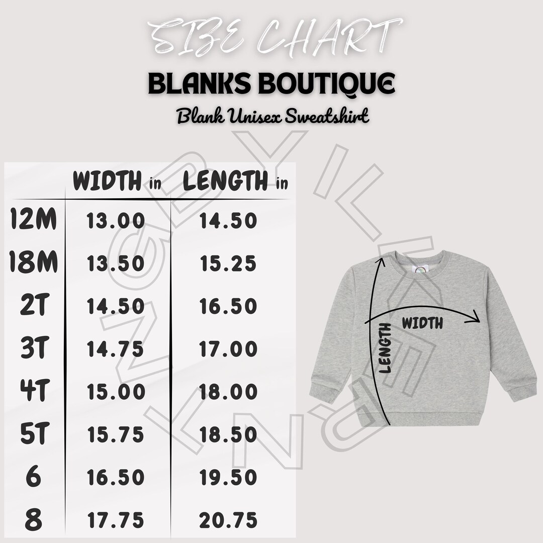 Sweatshirt Size Chart | Blanks Boutique Size Chart | Blank Unisex ...