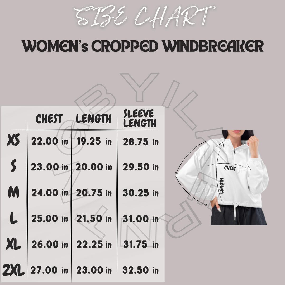 Windbreaker Size Chart | Size Chart for All-over Print Women's Cropped Windbreaker | Women's ...