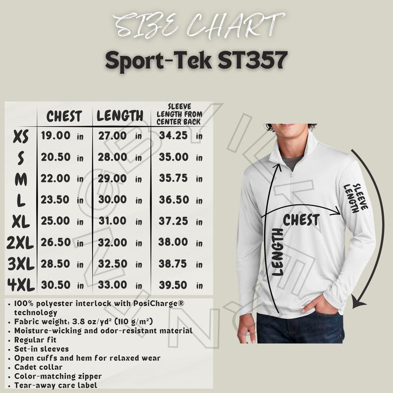 Sport-tek ST357 Size Chart | Size Chart for Unisex Quarter Zip Pullover ...