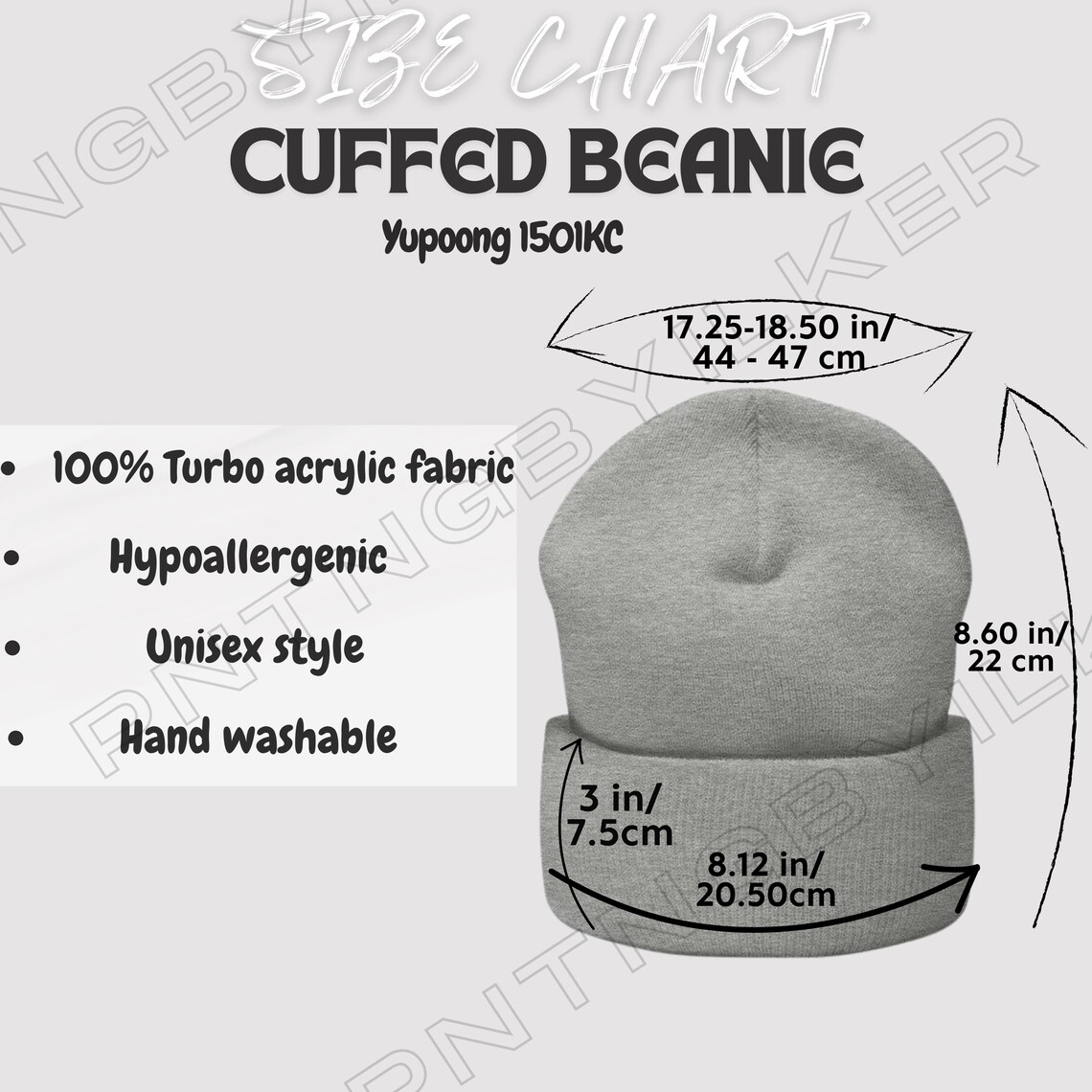 Cuffed Beanie Size Chart I Yupoong 1501KC Size Chart | Size Chart ...