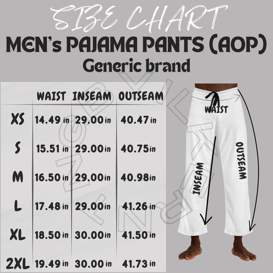 Men's Pajama Pants AOP Size Chart I Men's Pajama Pants Mockup and Size ...