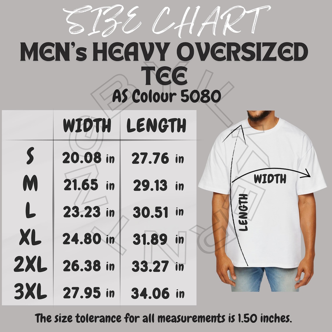 Tee Size Chart | Men's Heavy Oversized Tee Mockup and Size Chart | AS ...