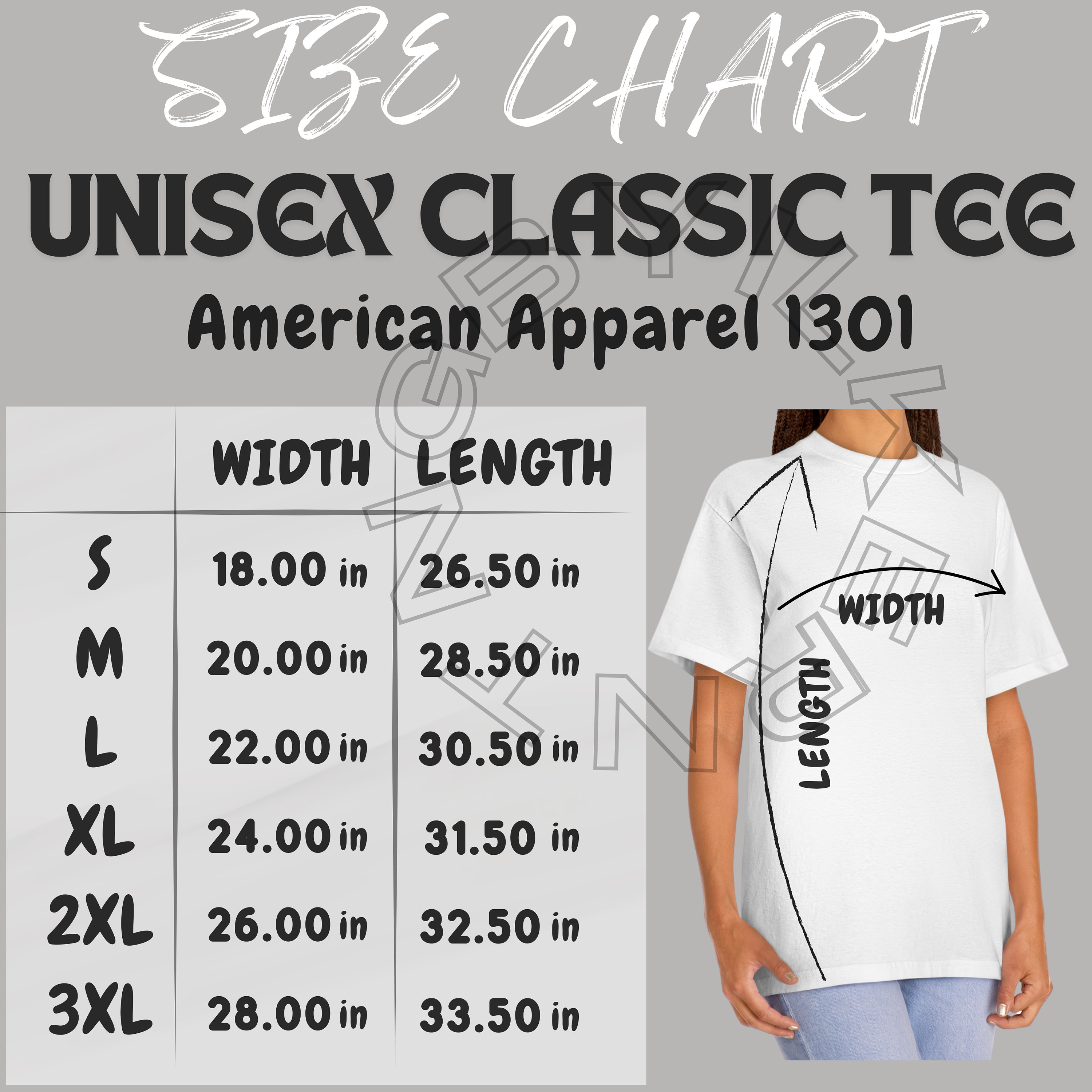 Unisex Classic Tee Size Chart | Size Chart for Unisex Classic Tee | American Apparel 1301 Mockup ...
