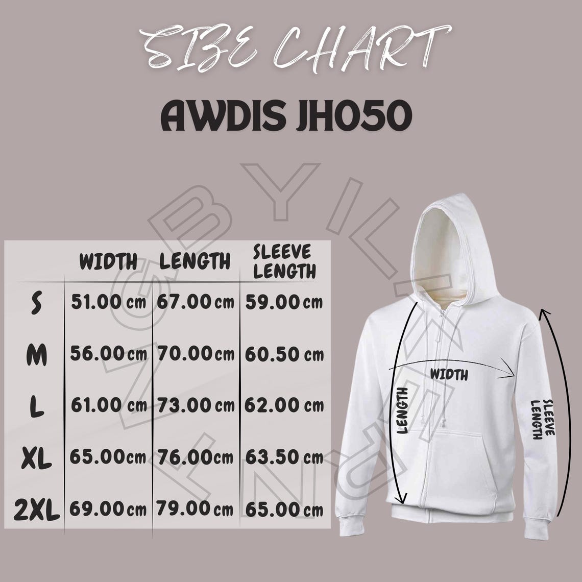 AWDIS JH050 Size Chart | Size Chart for Unisex Full Zip Hoodie | AWDIS ...