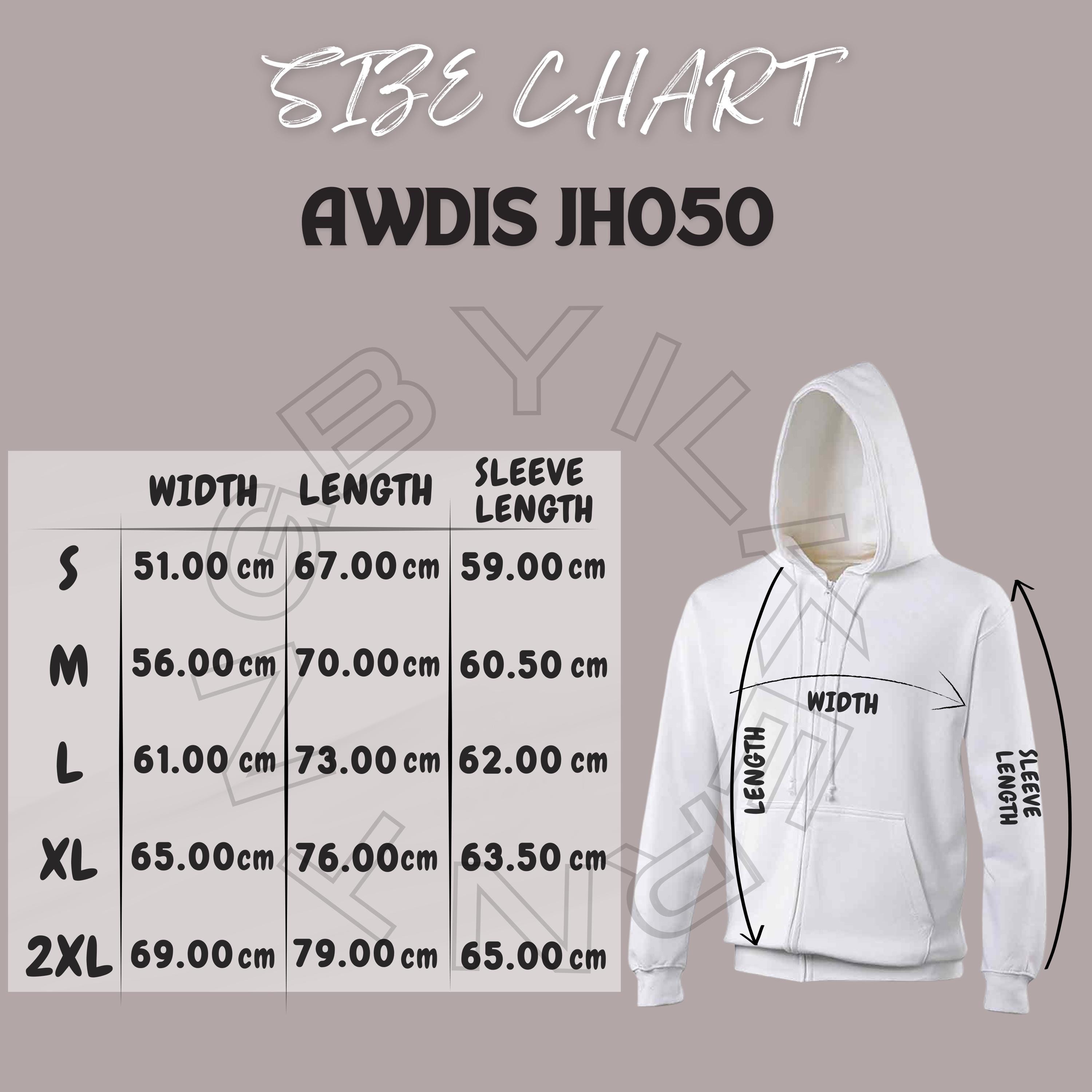 AWDIS JH050 Size Chart | Size Chart for Unisex Full Zip Hoodie | AWDIS ...
