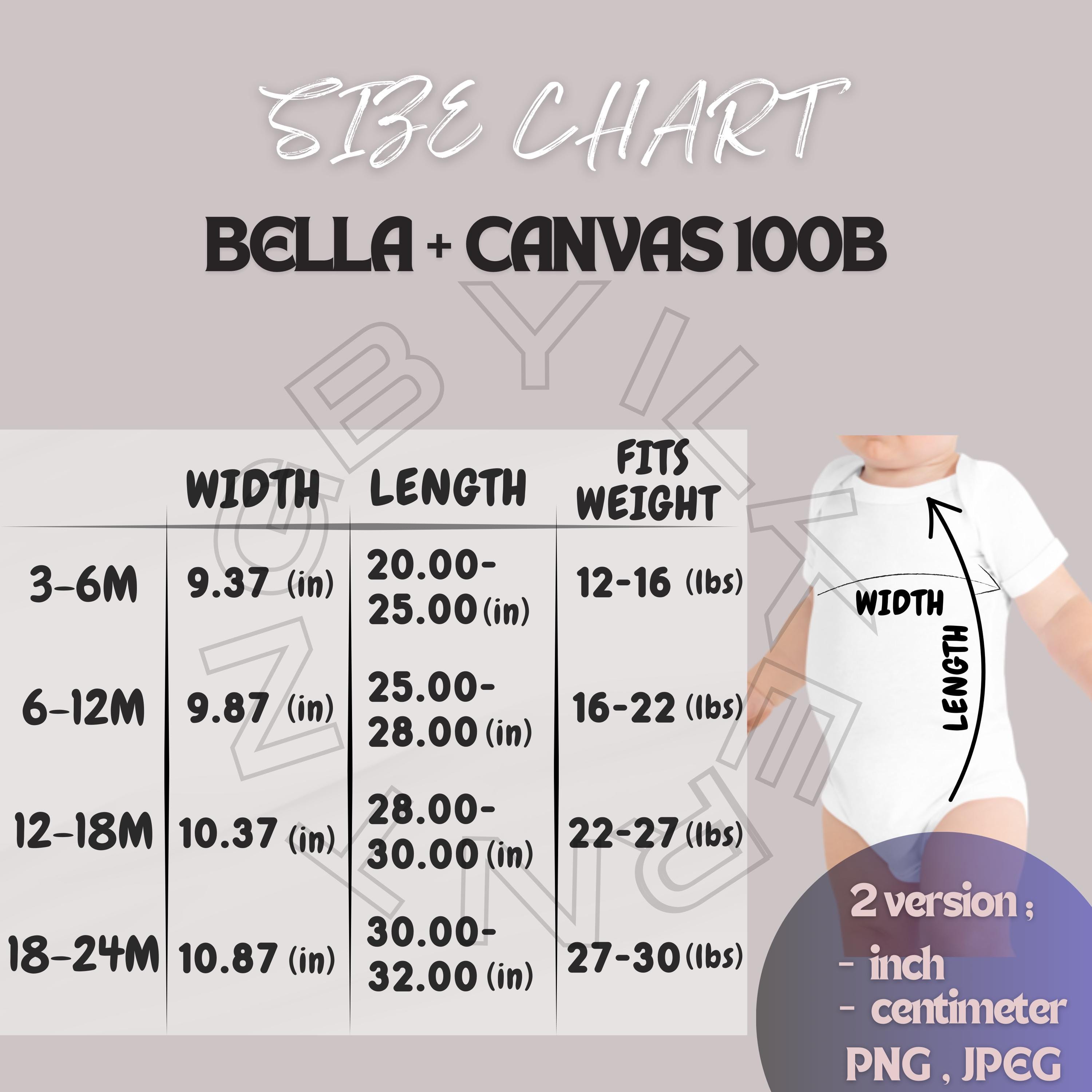 Bella Canvas 100B Size Chart | Bella Canvas 100B Mockup and Size Chart ...