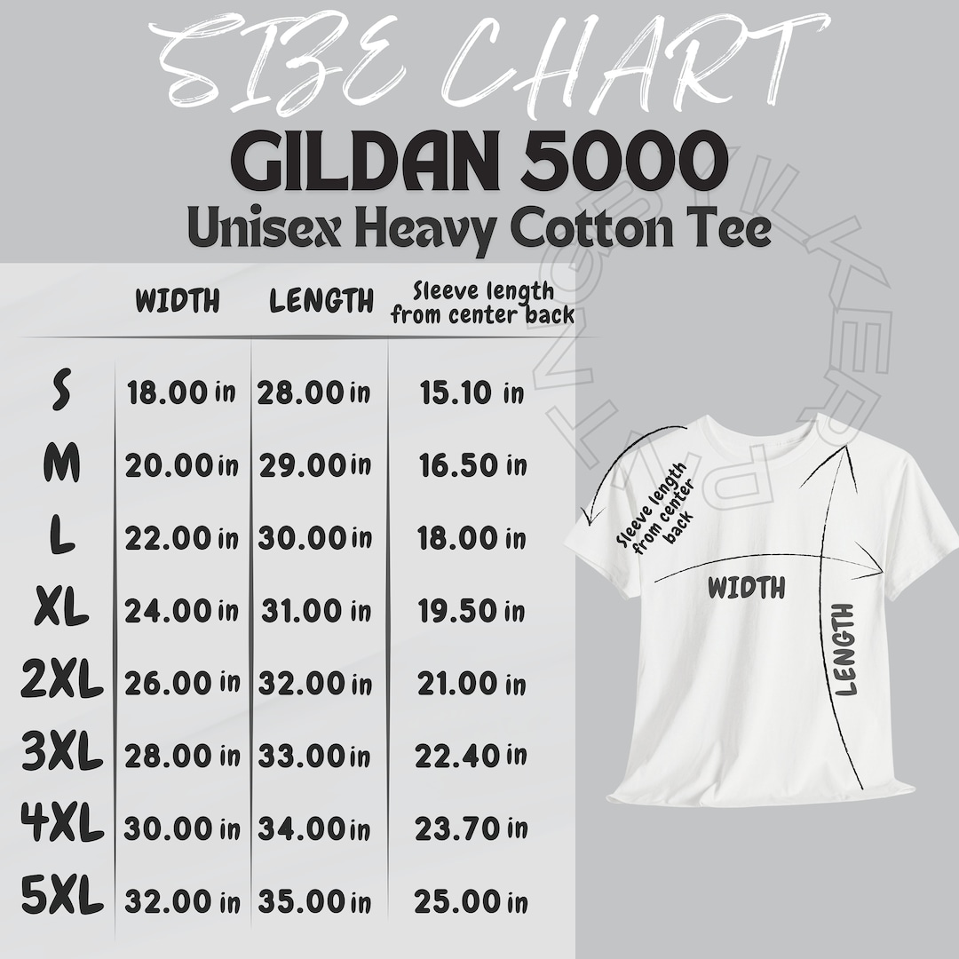 Gildan 5000 Size Chart | Size Chart for Unisex Heavy Cotton Tee ...