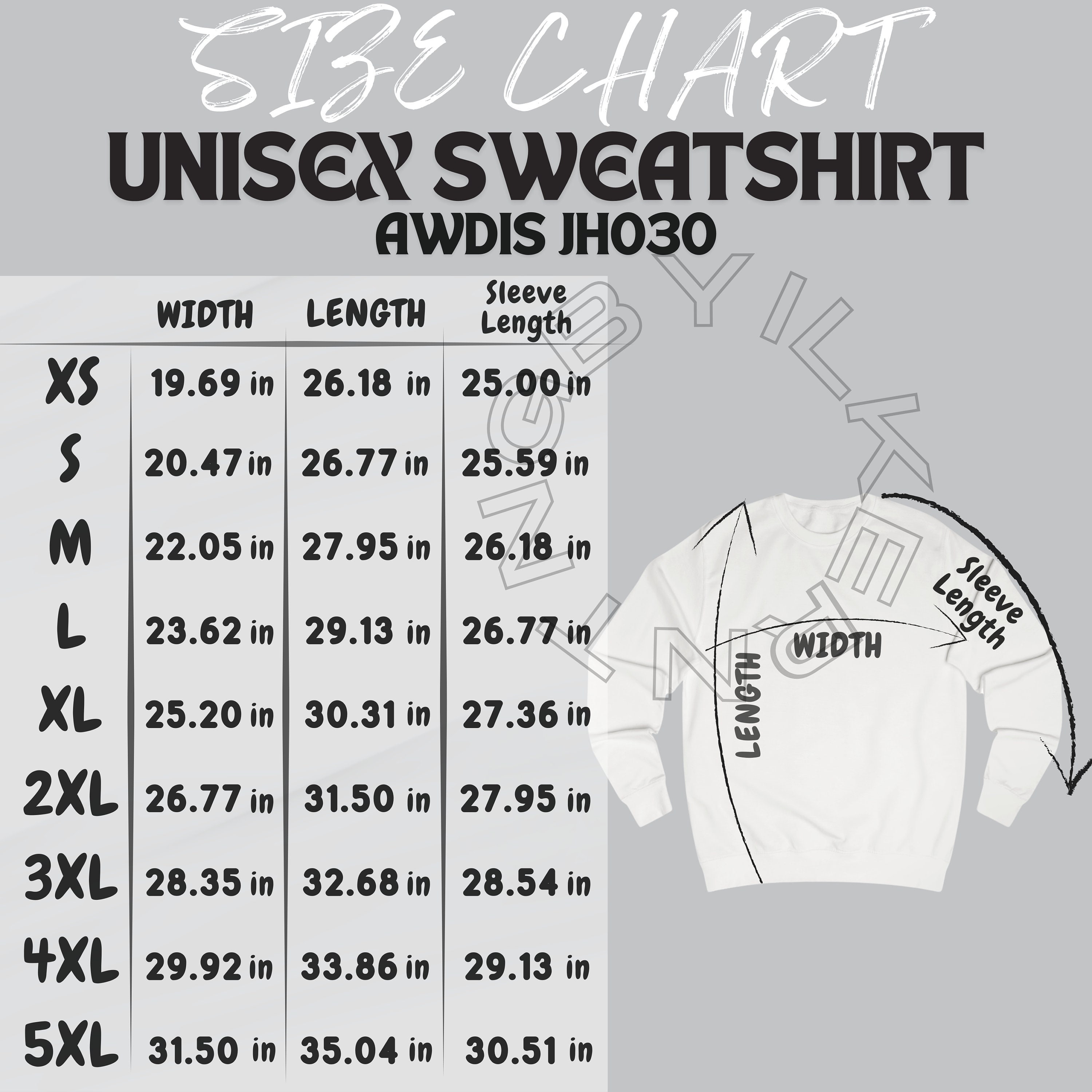 Unisex Sweatshirt Size Chart | Size Chart for Unisex Sweatshirt | AWDIS ...