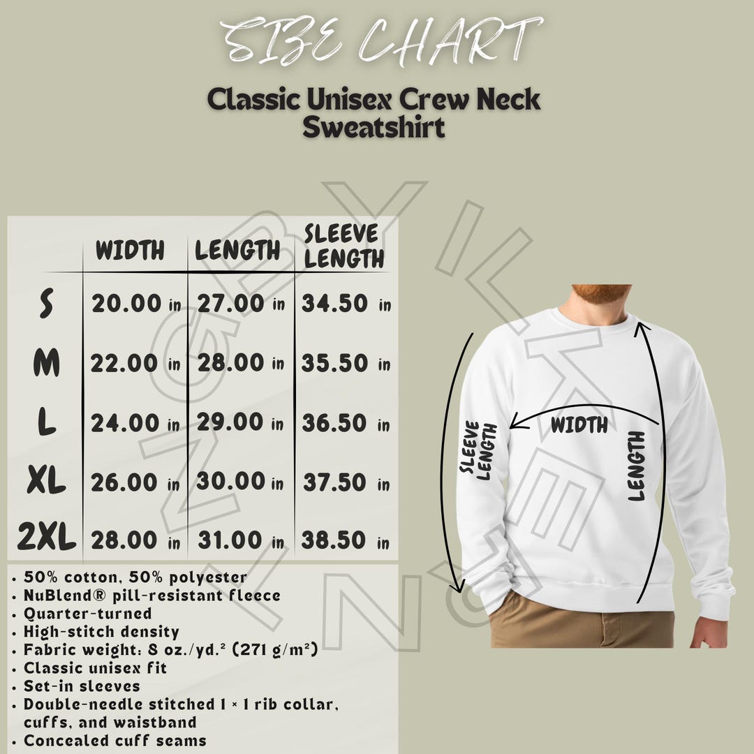 Sweatshirt Size Chart | Classic Unisex Crew Neck Sweatshirt Size Chart ...