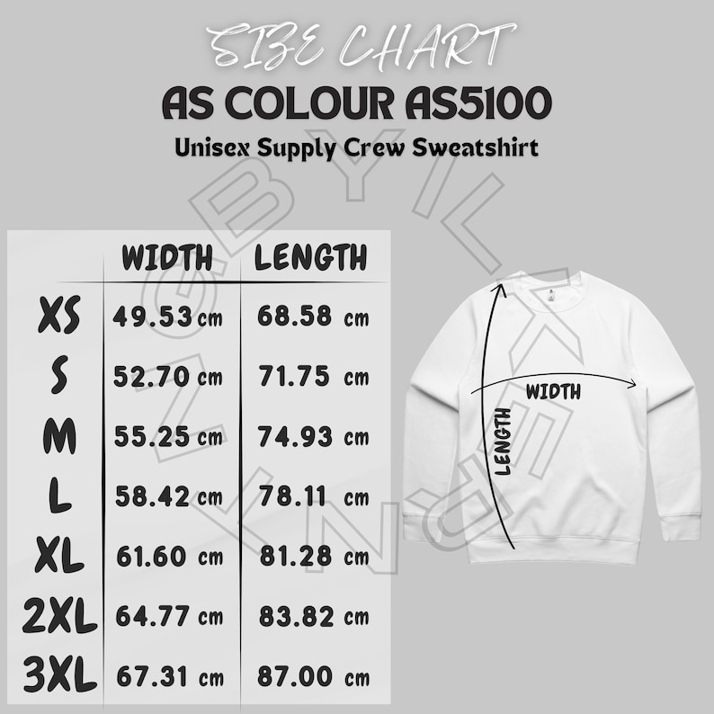 Sweatshirt Size Chart | Size Chart for Supply Crew Sweatshirt | AS ...