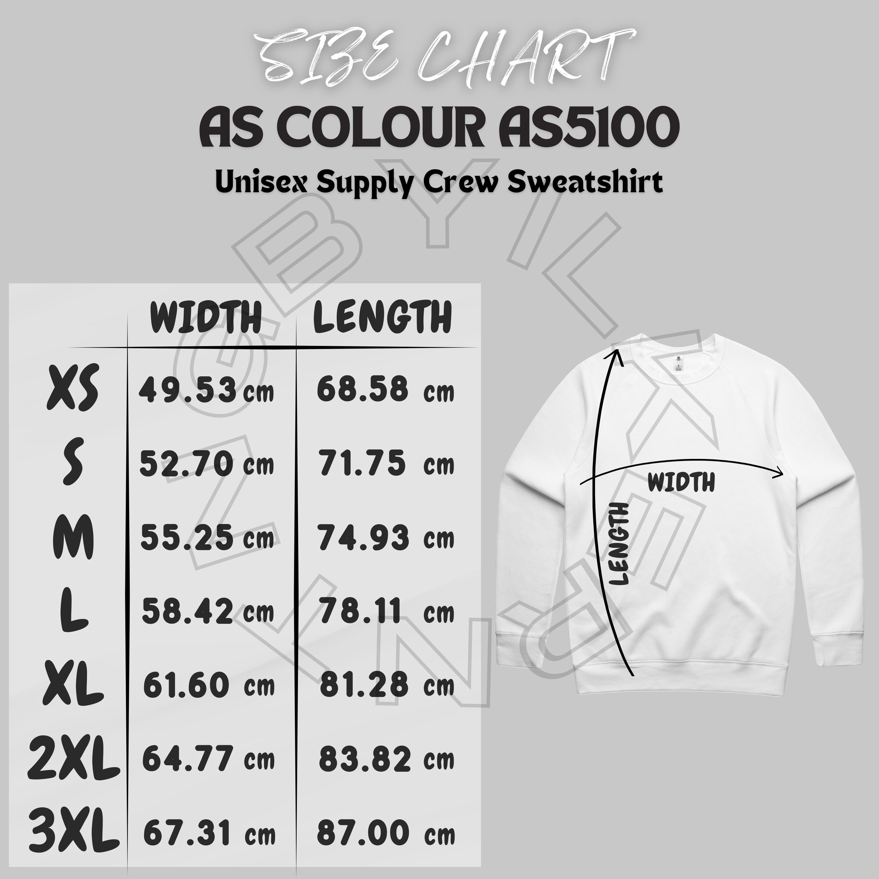 Sweatshirt Size Chart | Size Chart for Supply Crew Sweatshirt | AS ...