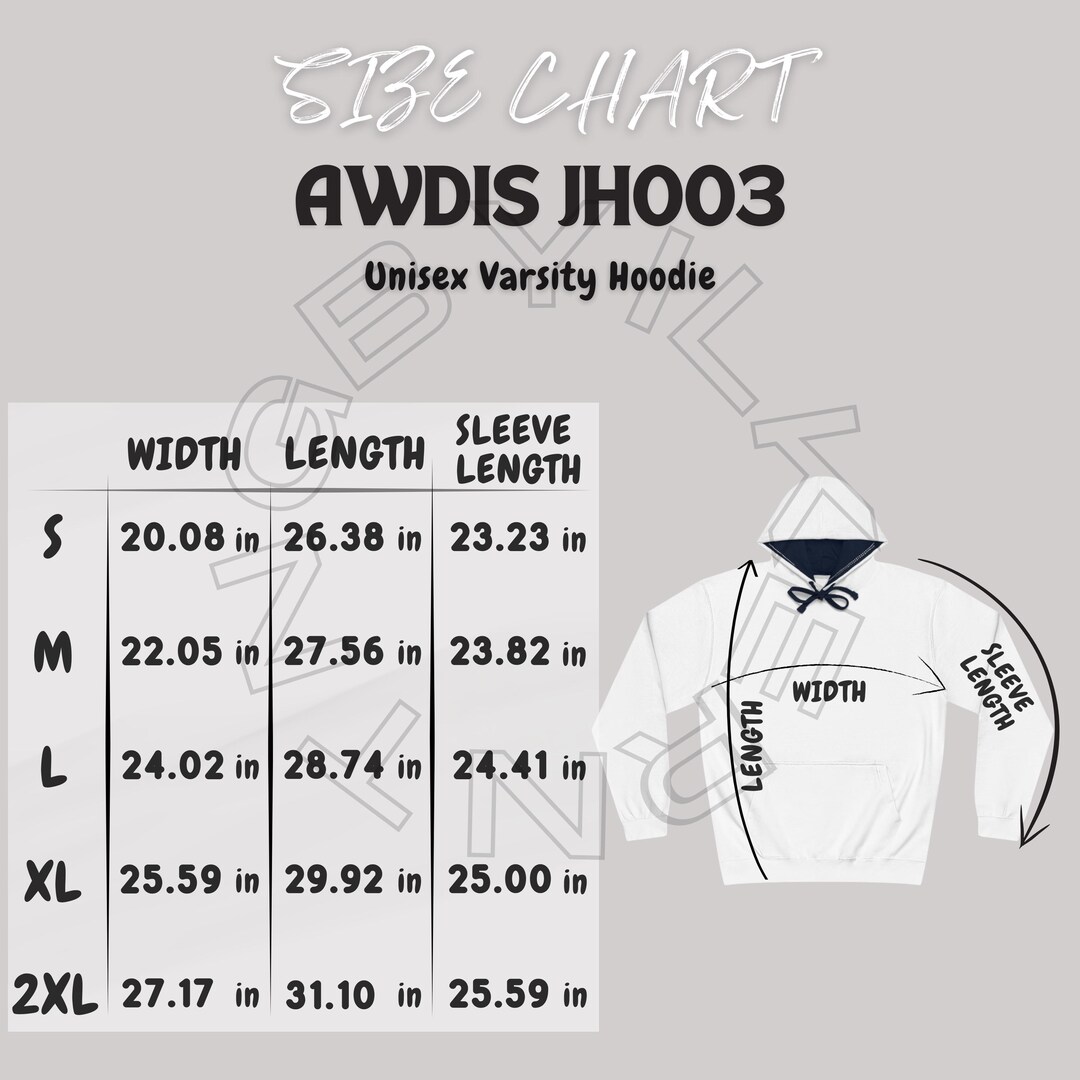 Hoodie Size Chart I AWDIS JH003 Size Chart I Unisex Varsity Hoodie Size ...