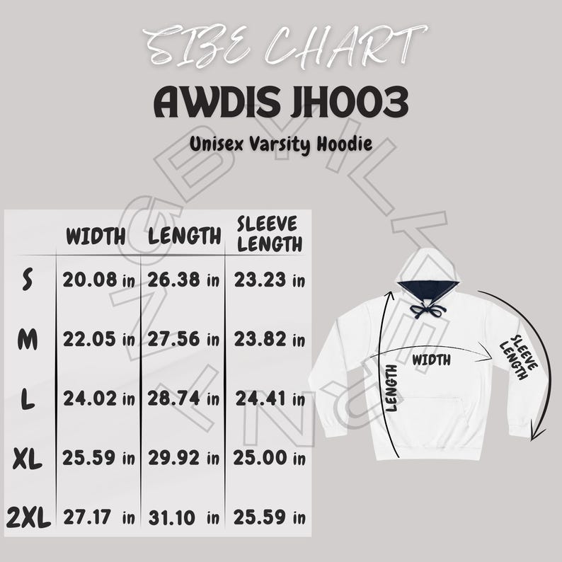 Hoodie Size Chart I AWDIS JH003 Size Chart I Unisex Varsity Hoodie Size ...