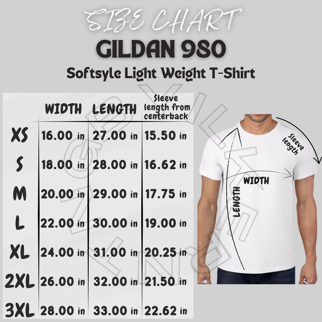 Gildan 980 Size Chart | Softsyle Lightweight T-shirt | Gildan 980 Mockup Size Chart | Gildan ...