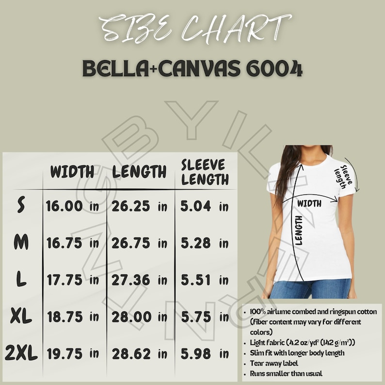 Bella Canvas 6004 Size Chart | Size Chart for Women's Favorite Tee ...