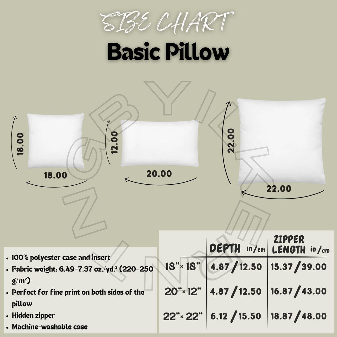 Basic Pillow Size Chart | All Over Print Basic Pillow Mockup and Key Features | Basic Pillow ...