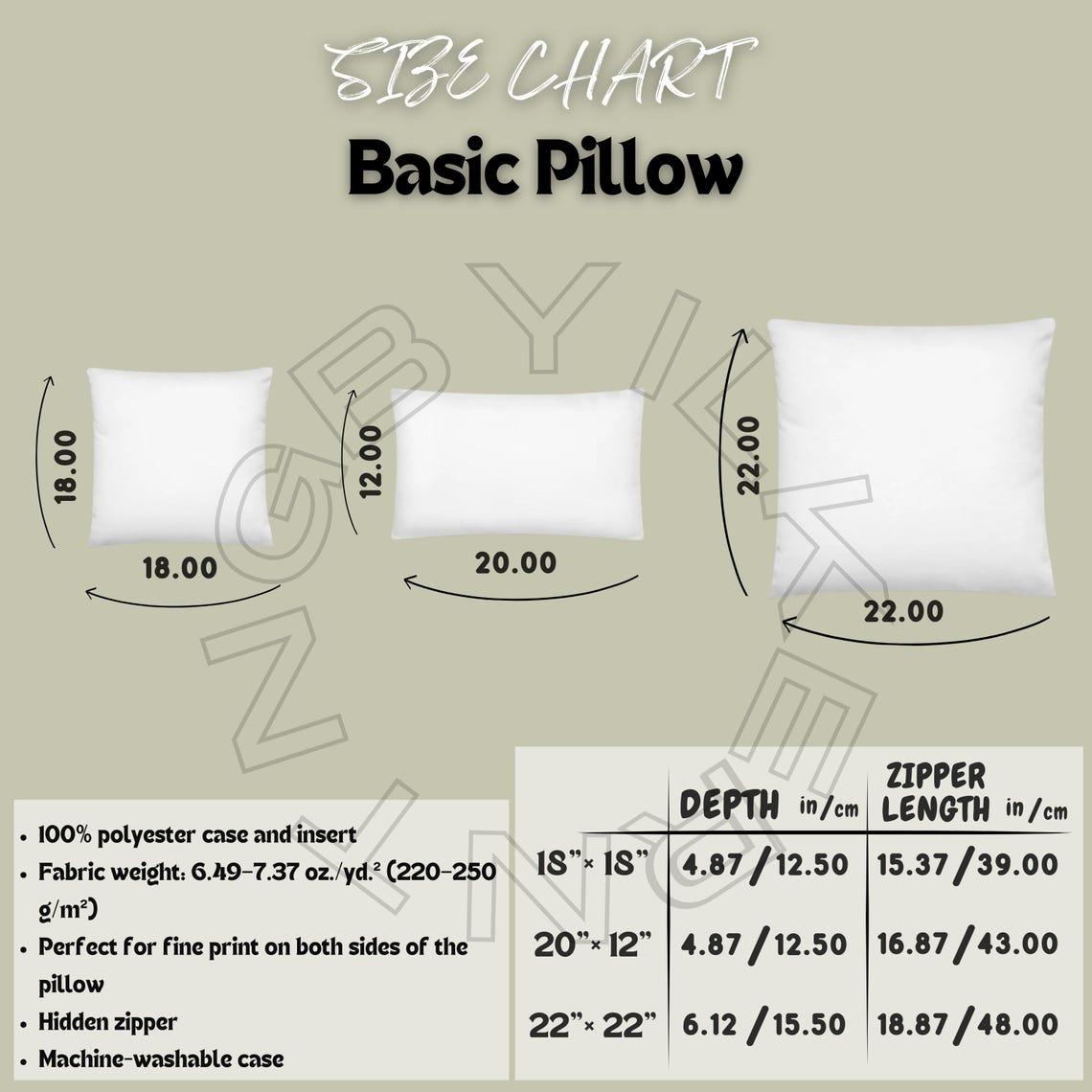 Basic Pillow Size Chart | All Over Print Basic Pillow Mockup and Key ...