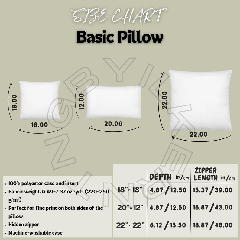 Basic Pillow Size Chart | All Over Print Basic Pillow Mockup and Key Features | Basic Pillow ...