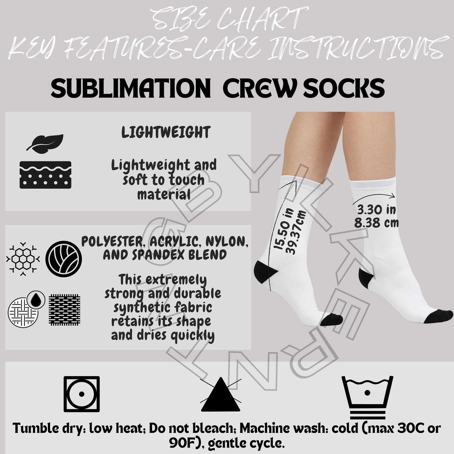 Sublimation Crew Socks Size Chart | Sublimation Crew Socks Key Features ...