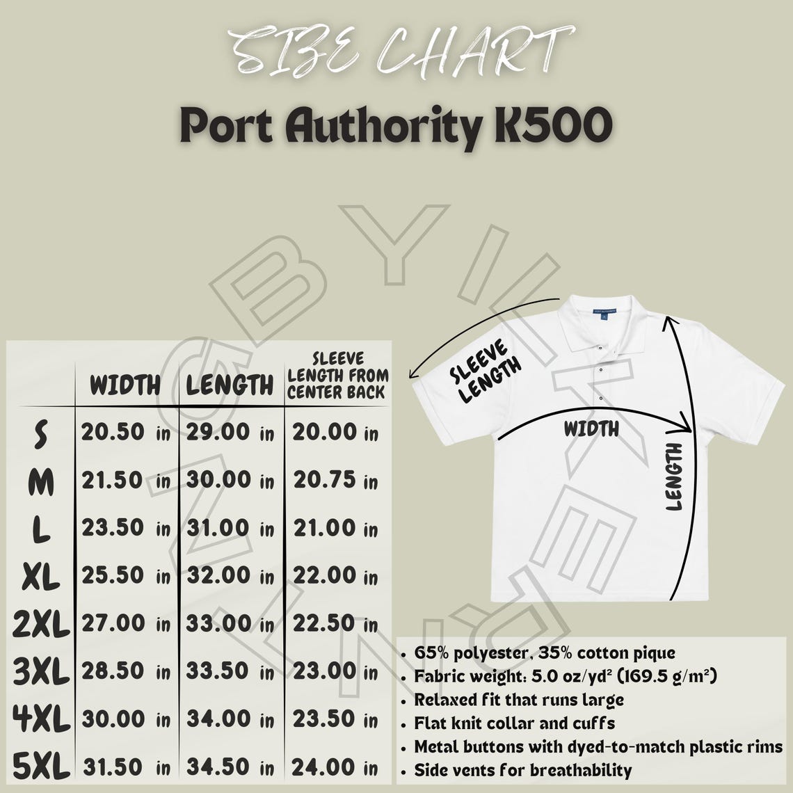 Shirt Size Chart | Unisex Polo Shirt Size Chart | Port Authority K500 ...