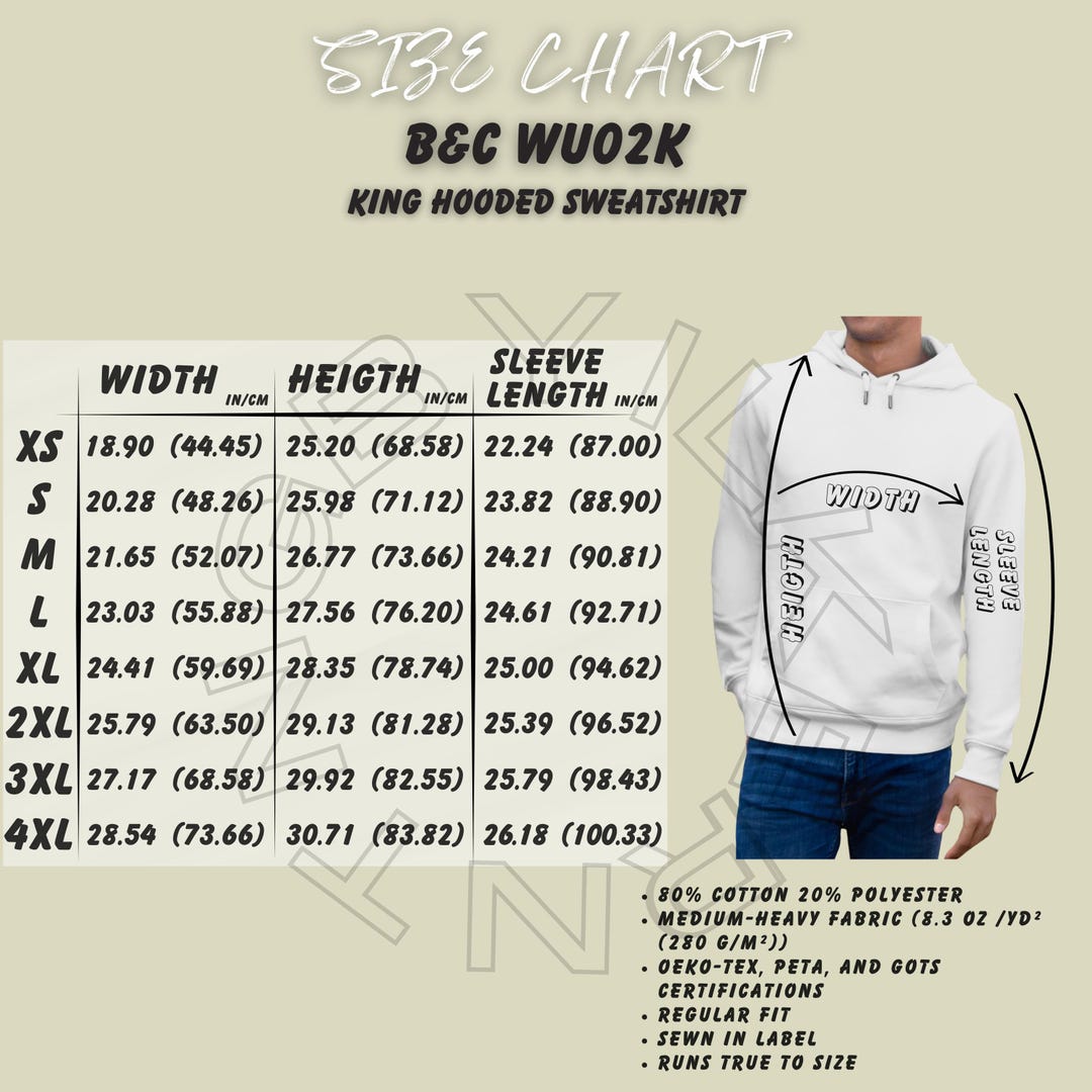 Sweatshirt Size Chart I B&C WU02K Size Chart I Size Chart | King Hooded ...